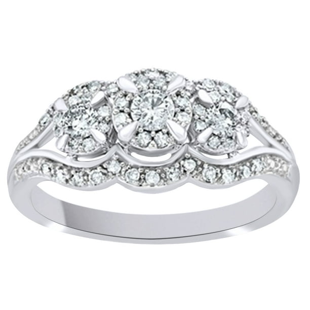 Jewel Zone US - White Natural Diamond Three Stone Anniversary Ring In ...