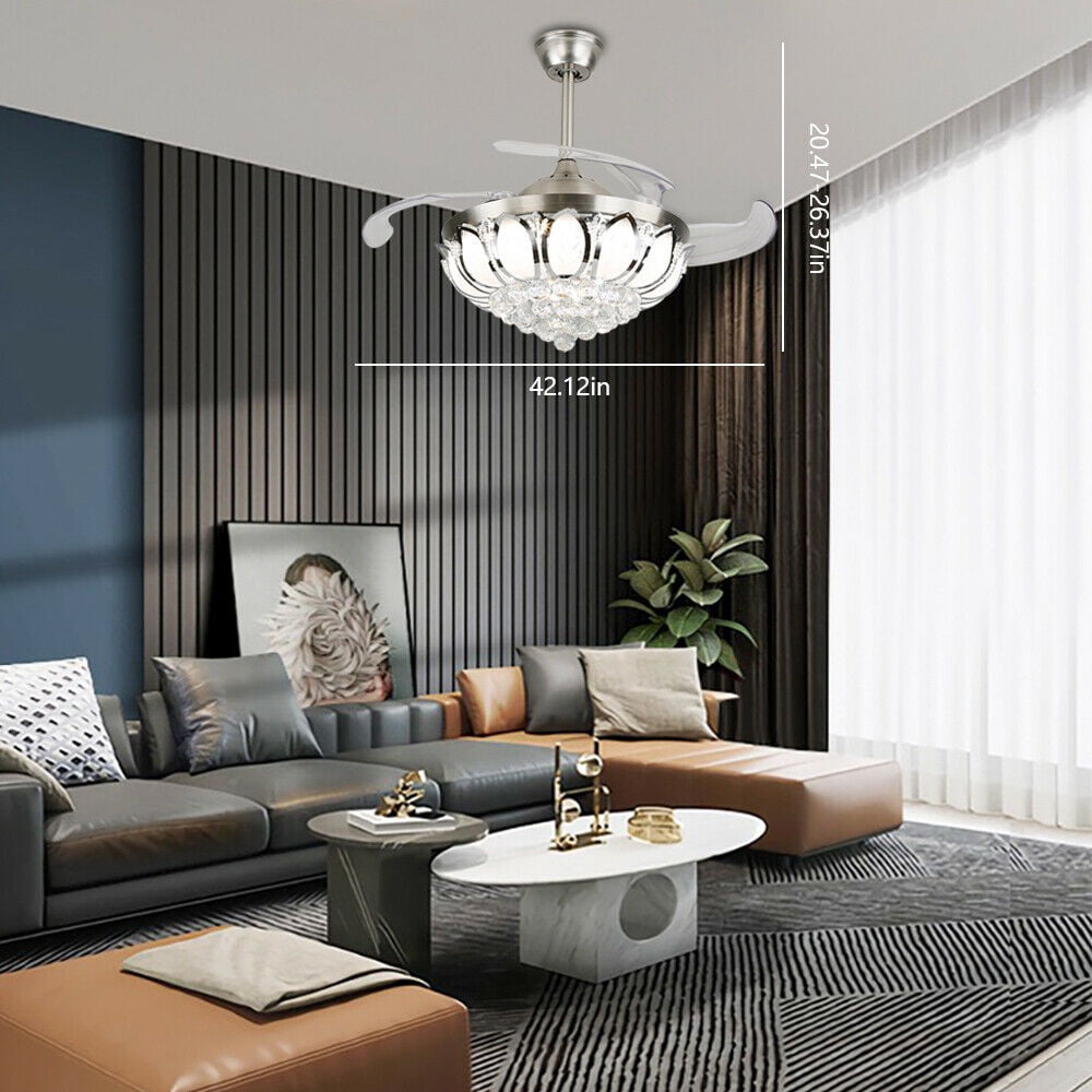 42'' Modern LED Ceiling Fan Light Crystal Chandelier 3-Color Remote ...