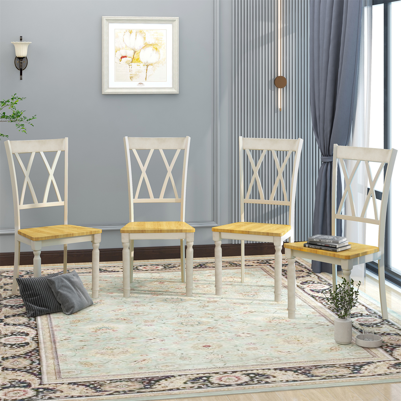 4-Piece x-Back Wood Breakfast Nook Dining Chairs with Wood Legs ...