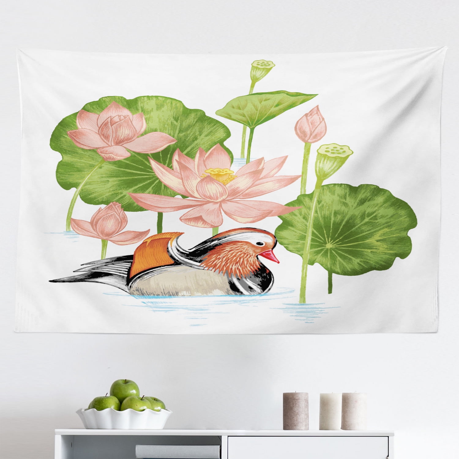 Rubber Duck Tapestry, Lake Animals and Plants Lily Flowers Reeds Cane ...