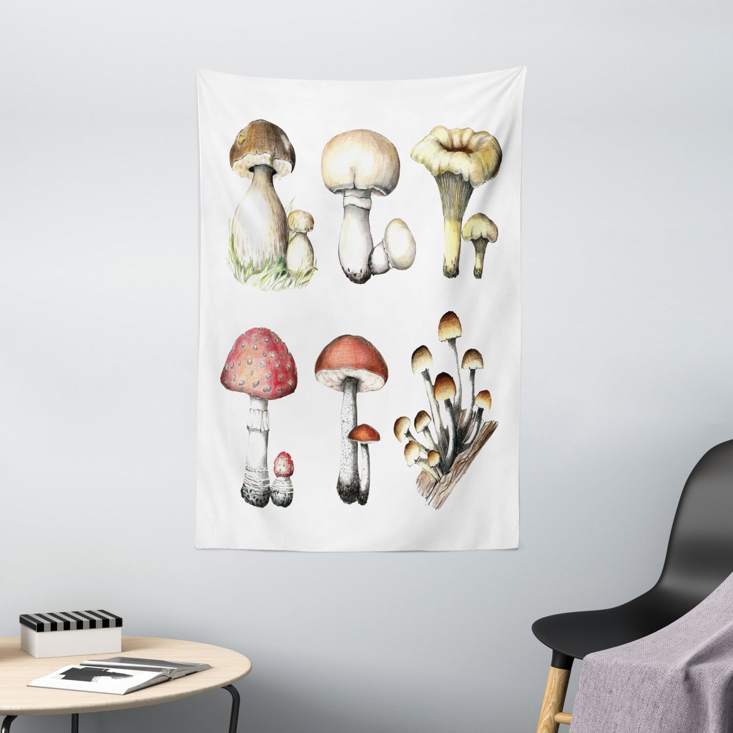 Mushroom Tapestry, Hand Drawn Fungus Pattern Amanita Muscaria Boletus ...