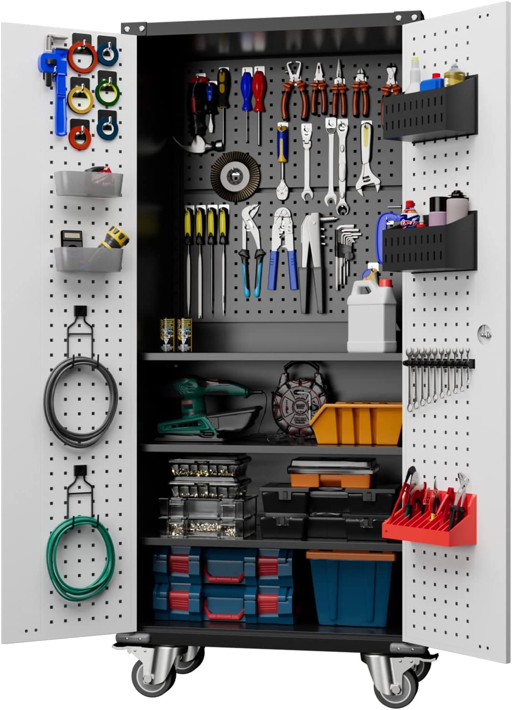 SUPEER 71" H Metal Rolling Storage Cabinet with Multi Use Pegboard ...