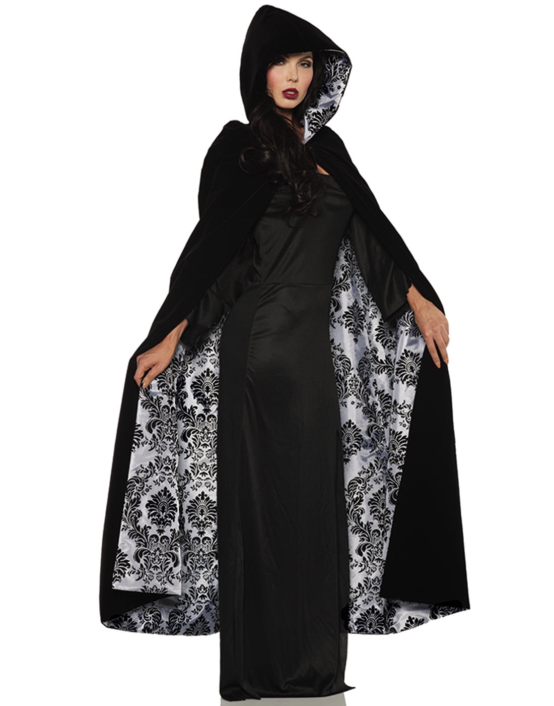 Deluxe Black Velvet Grey Satin Flocked Gothic Hooded Vampire Halloween ...