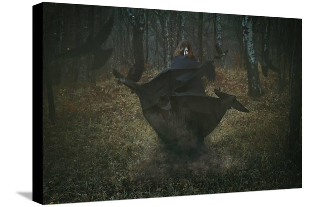 Witch of the Forest with Her Crows Dark Fantasy and Magic, Figurative Stretched Canvas Wall Art ...