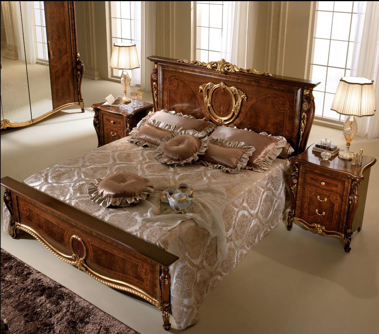 Luxury Walnut Glossy Donatello Night Queen Bed Carved Wood Made in ...