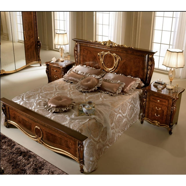 Luxury Walnut Glossy Donatello Night Queen Bed Carved Wood Made in Italy ESF, Durability ...