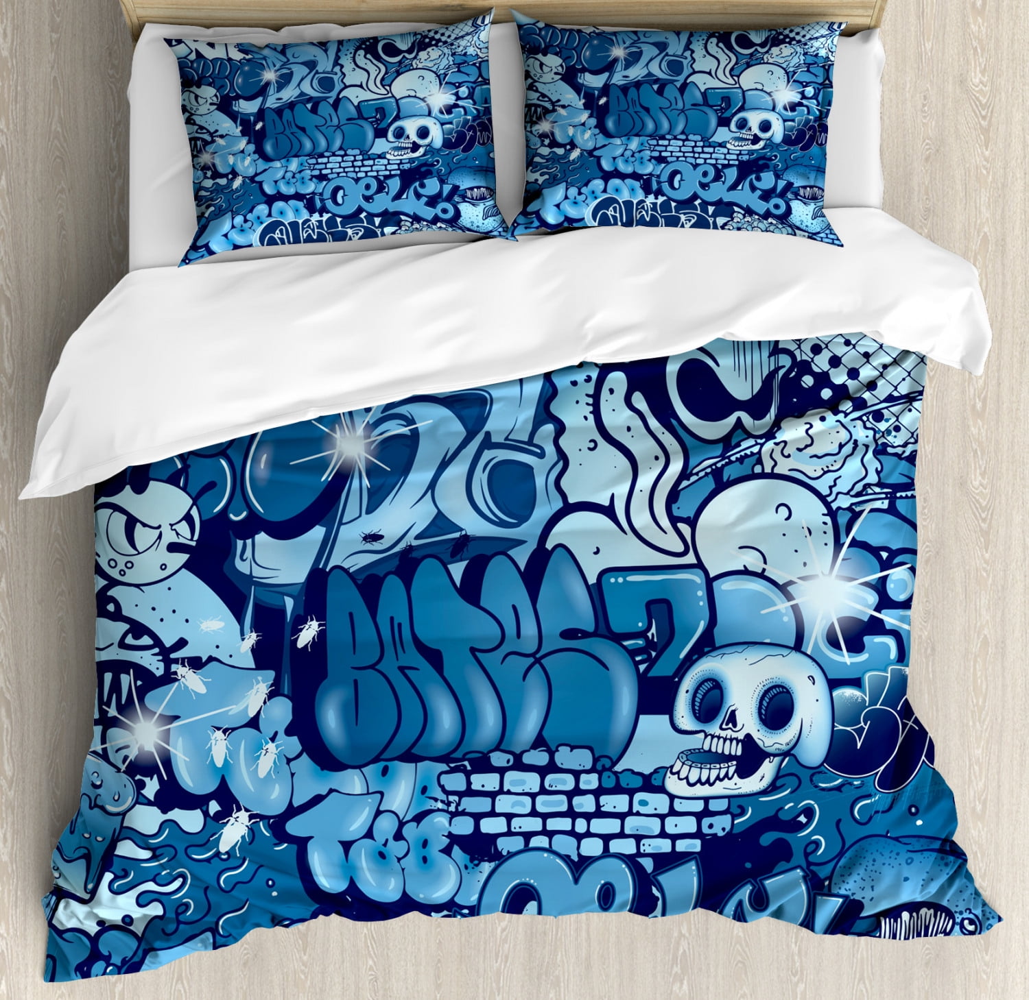 Urban Graffiti Queen Size Duvet Cover Set, Xenomorph Alien and Skull on ...