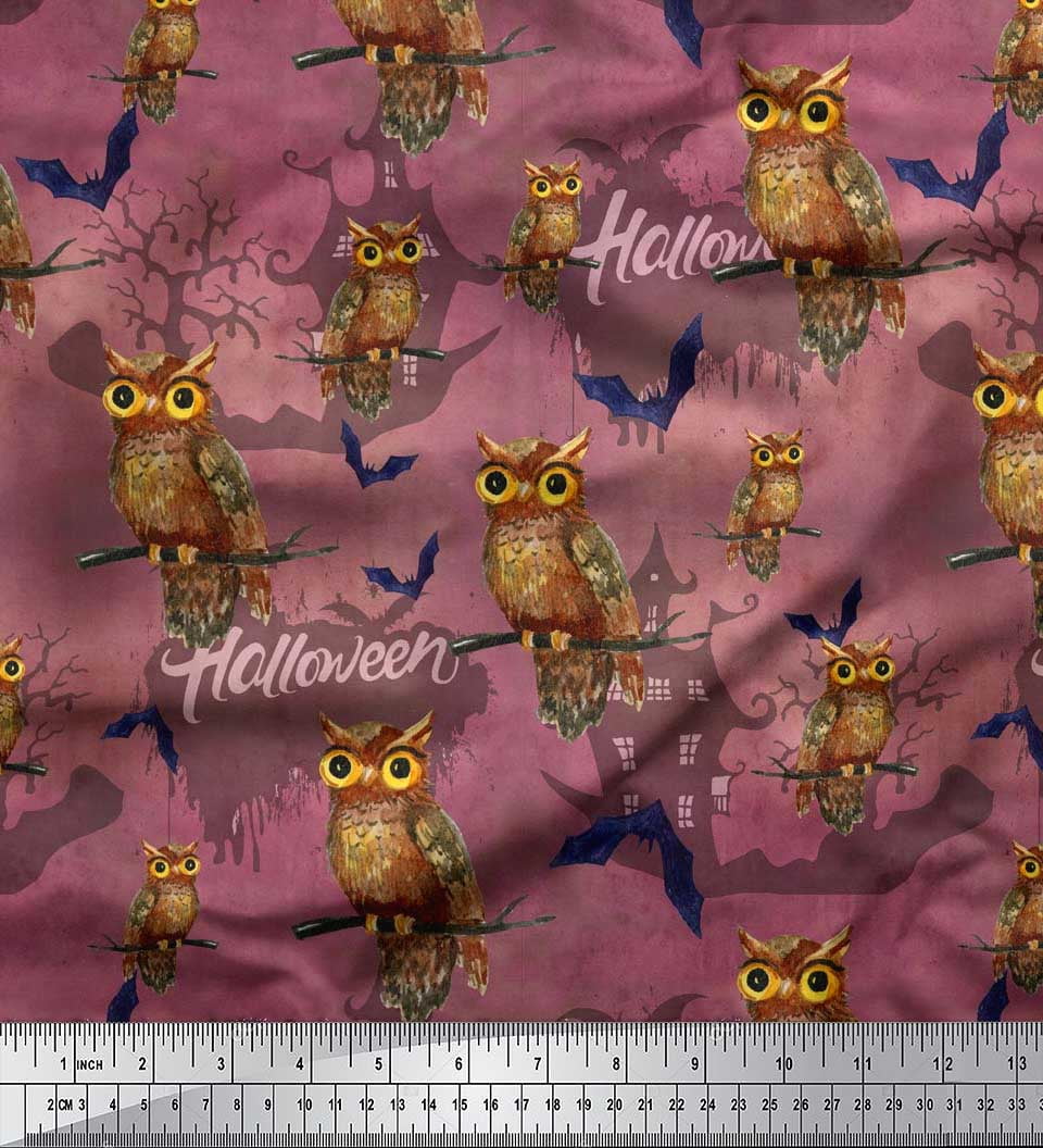 Soimoi Satin Silk Fabric Owl,Bat & Haunted House Halloween Print Fabric ...