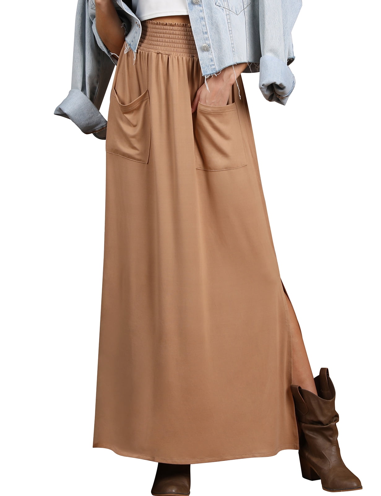 Doublju Women's Smocking Waist Detailed Maxi Slit Skirt With Pocket ...