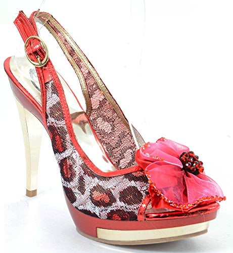 Red Leopard Jeweled Broach Platform Slingback Peep toe Heels - Walmart.com