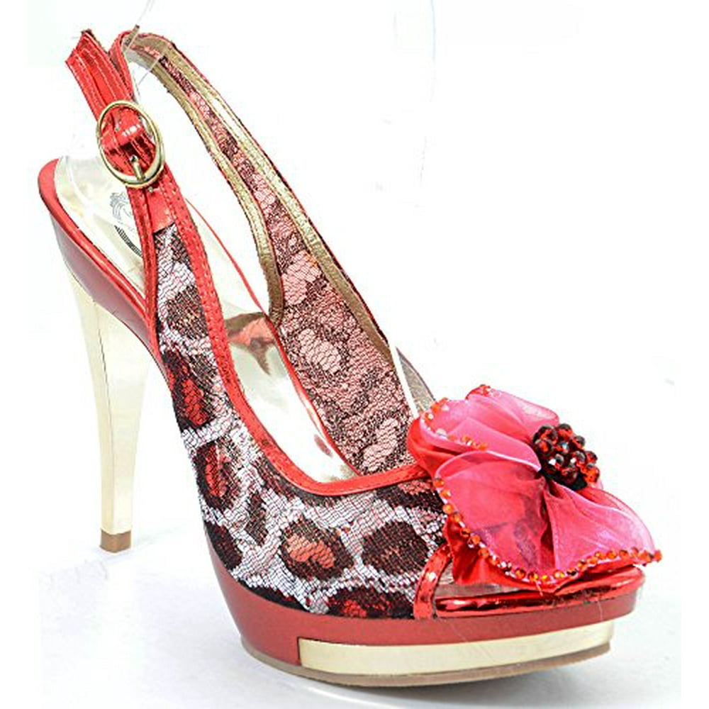 Fourever Funky - Red Leopard Jeweled Broach Platform Slingback Peep toe ...