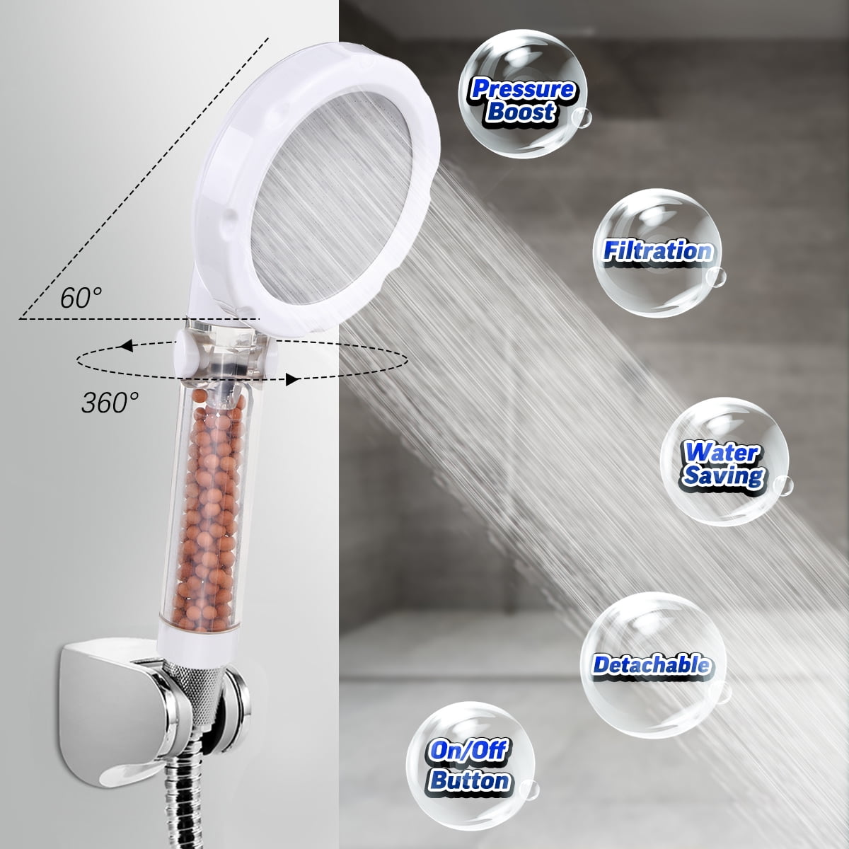 360°Rotation Shower Head, High-Pressure Water-Saving Ionic Handheld ...