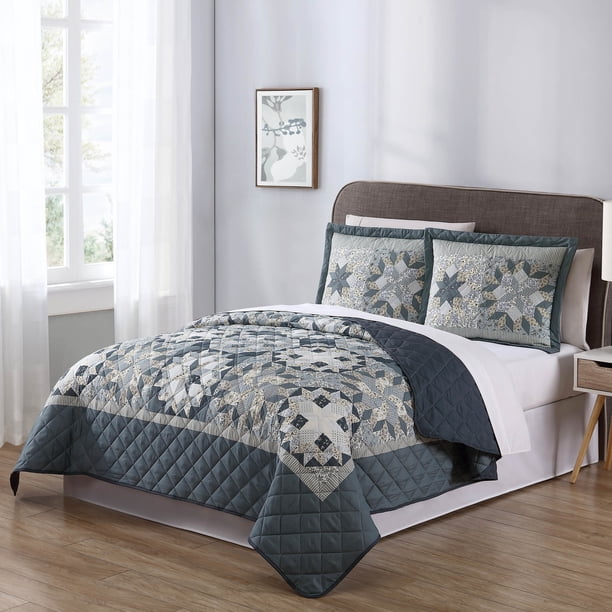 Mainstays Shooting Star Classic Patterned 3 Piece Quilt Set, Grey ...