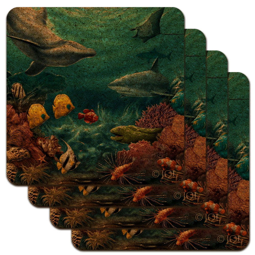 Coral Reef Ocean Scene Dolphin Turtle Shark Stingray Fish Low Profile ...