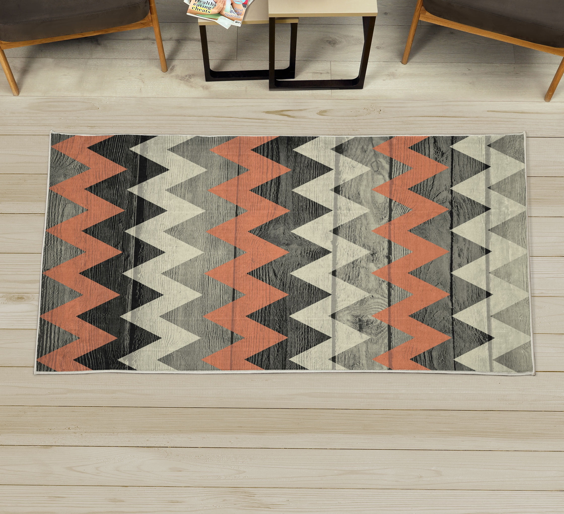 Chevron Decorative Rug, Zig Zag Lines Pattern on Wooden Looking ...
