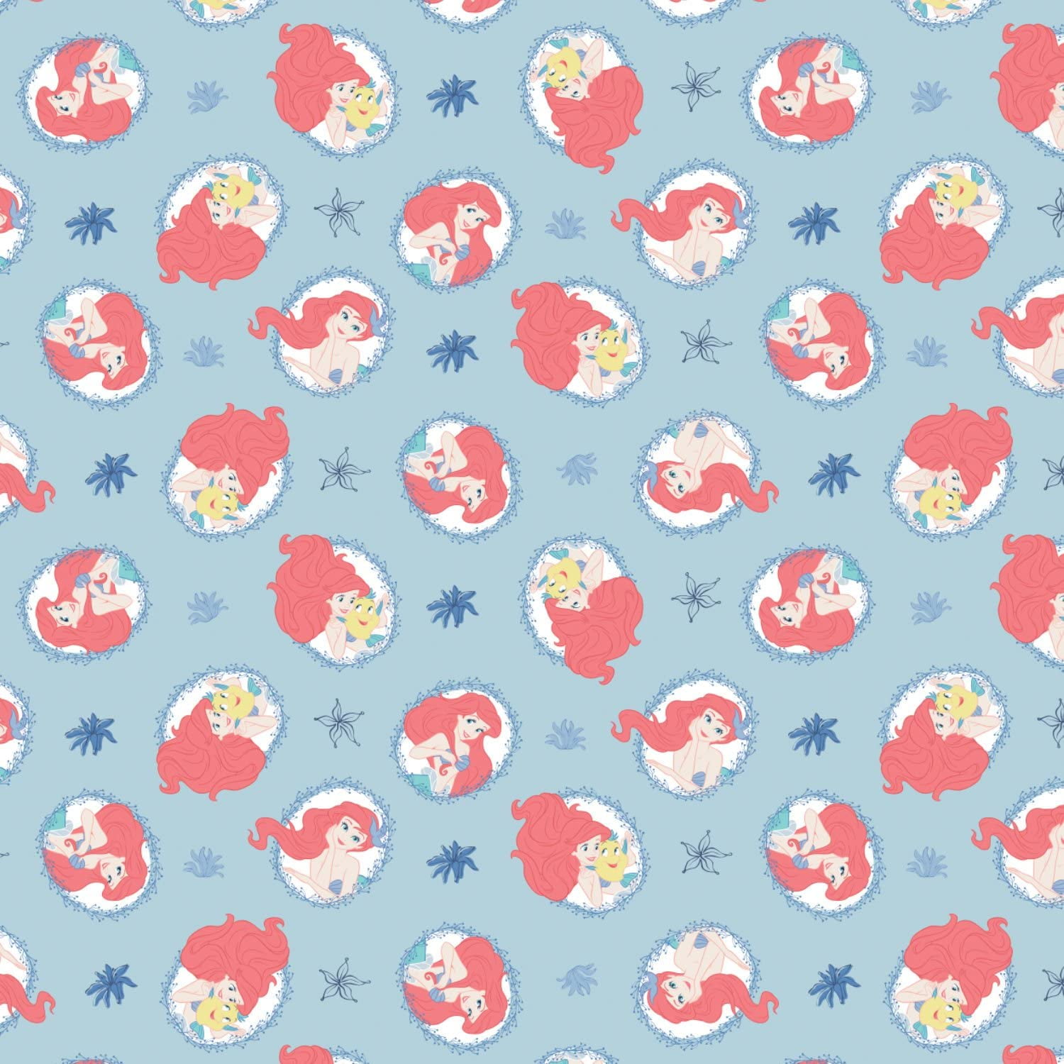 Disney Little Mermaid Coral Frame in Light Blue Fabric by The Yard ...