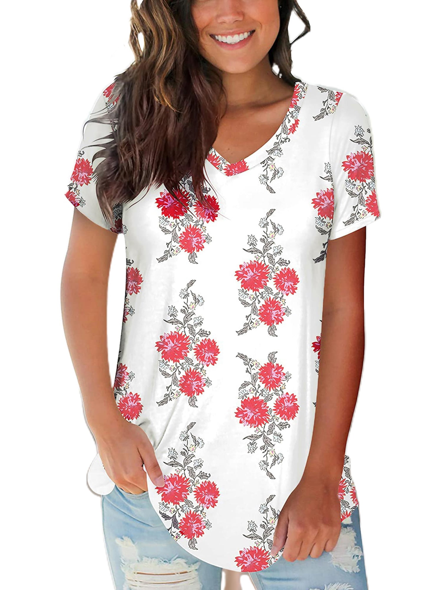 Enwejyy Women Summer Floral Print Short Sleeve Casual Top T Shirt