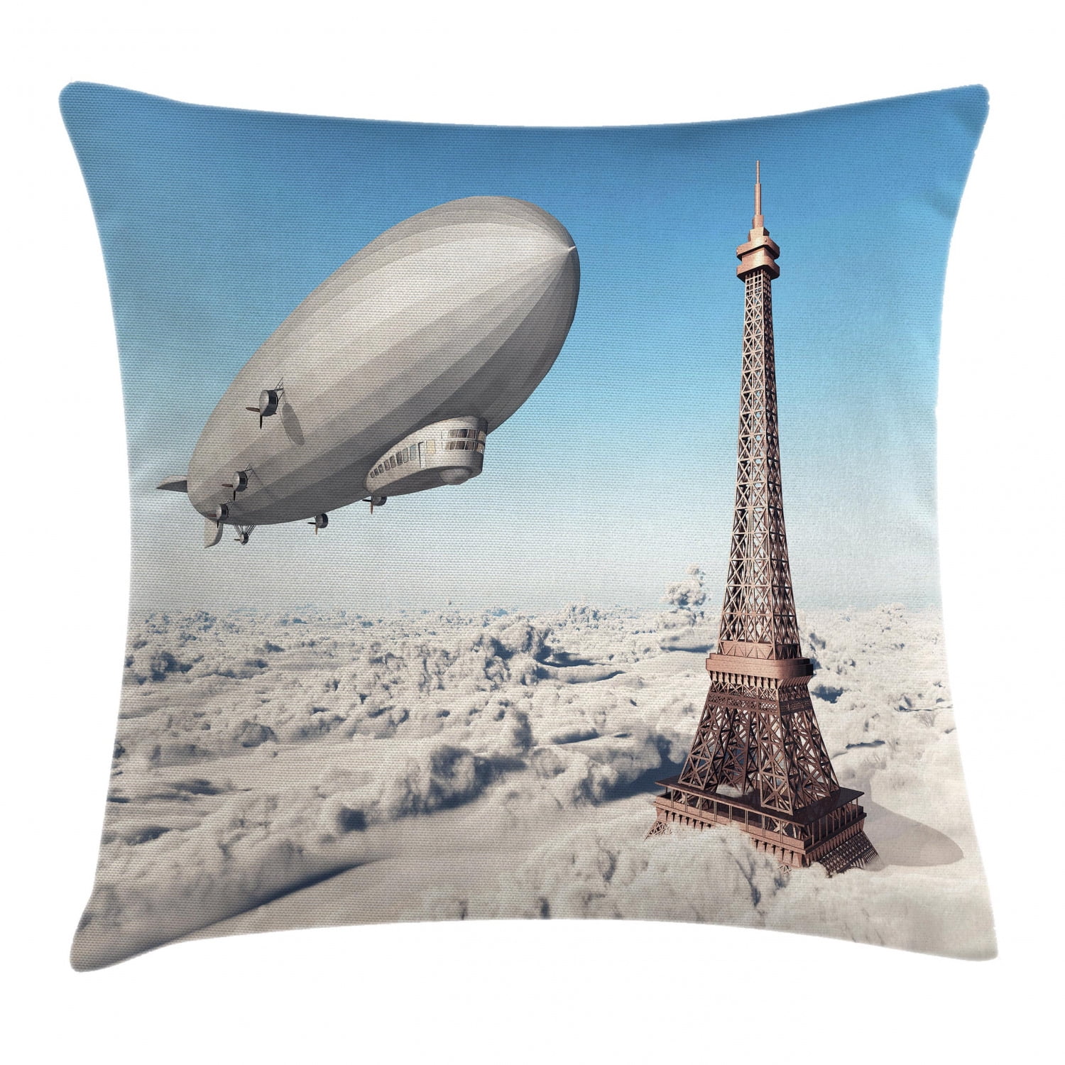 Paris Decor Throw Pillow Cushion Cover, Zeppelin and Eiffel Tower over ...