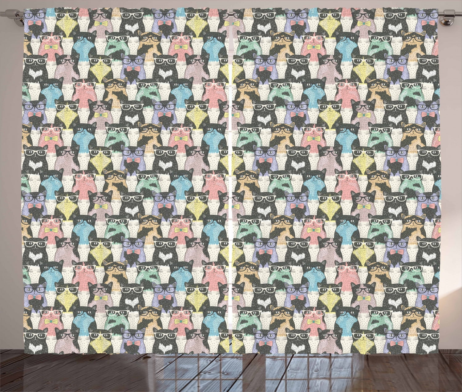 Cat Curtains 2 Panels Set, Retro Style Pattern with Cute Cats Hipster ...