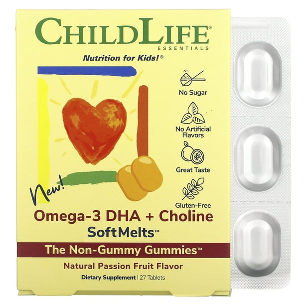 Child Life Essentials Omega-3 DHA with Choline SoftChew Gummies Natural Passion Fruit Flavor, 27 ...
