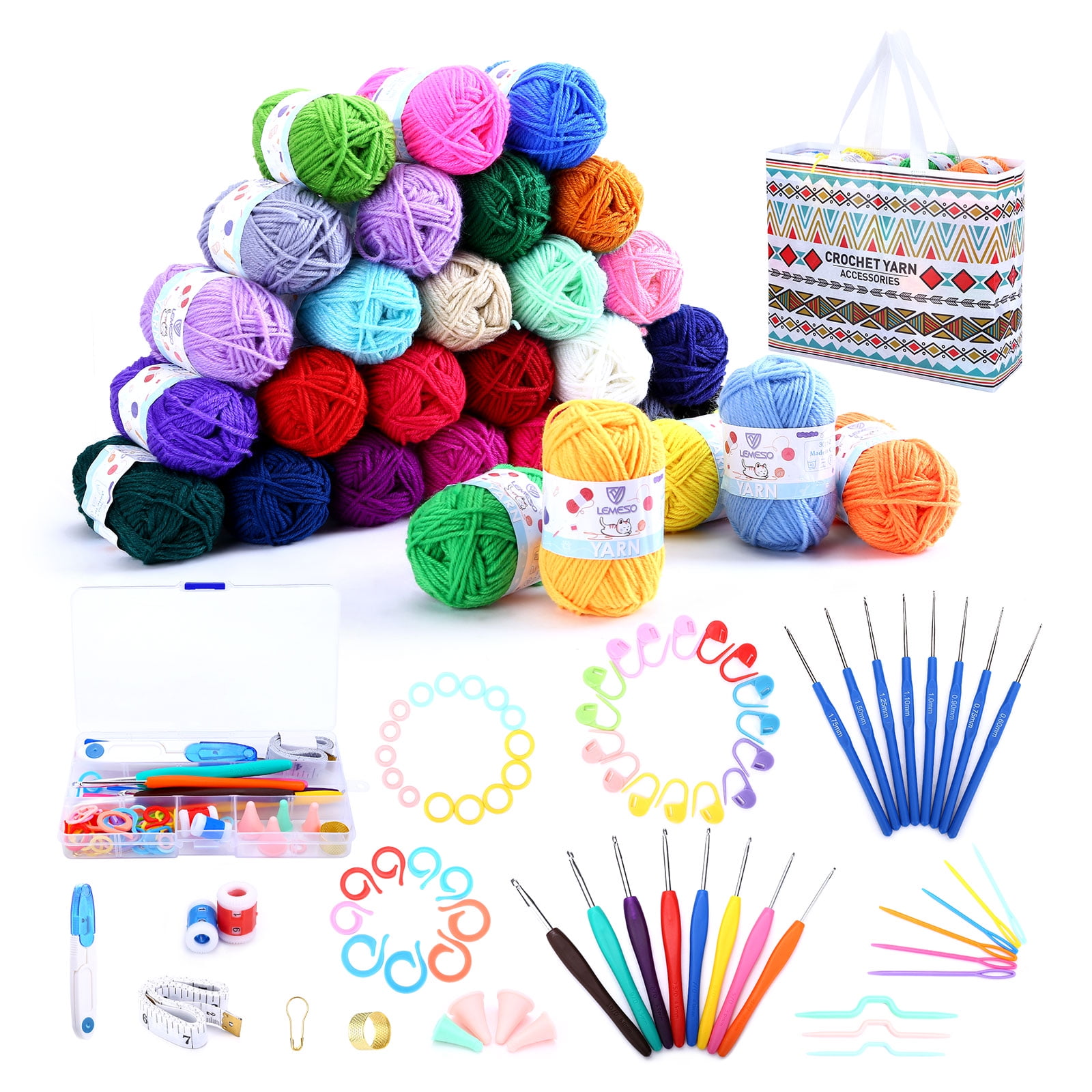 Naler 115 Piece Crochet Set Kit 30 Colors 100% Acrylic Yarns with 84Pcs ...