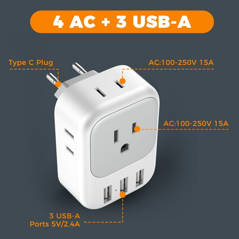 European Travel Plug Adapter with USB EU Plug Adapter 4 AC Outlets and 3 USB Ports Type C Power Adaptor Plug for US to Most of Europe Italy Iceland
