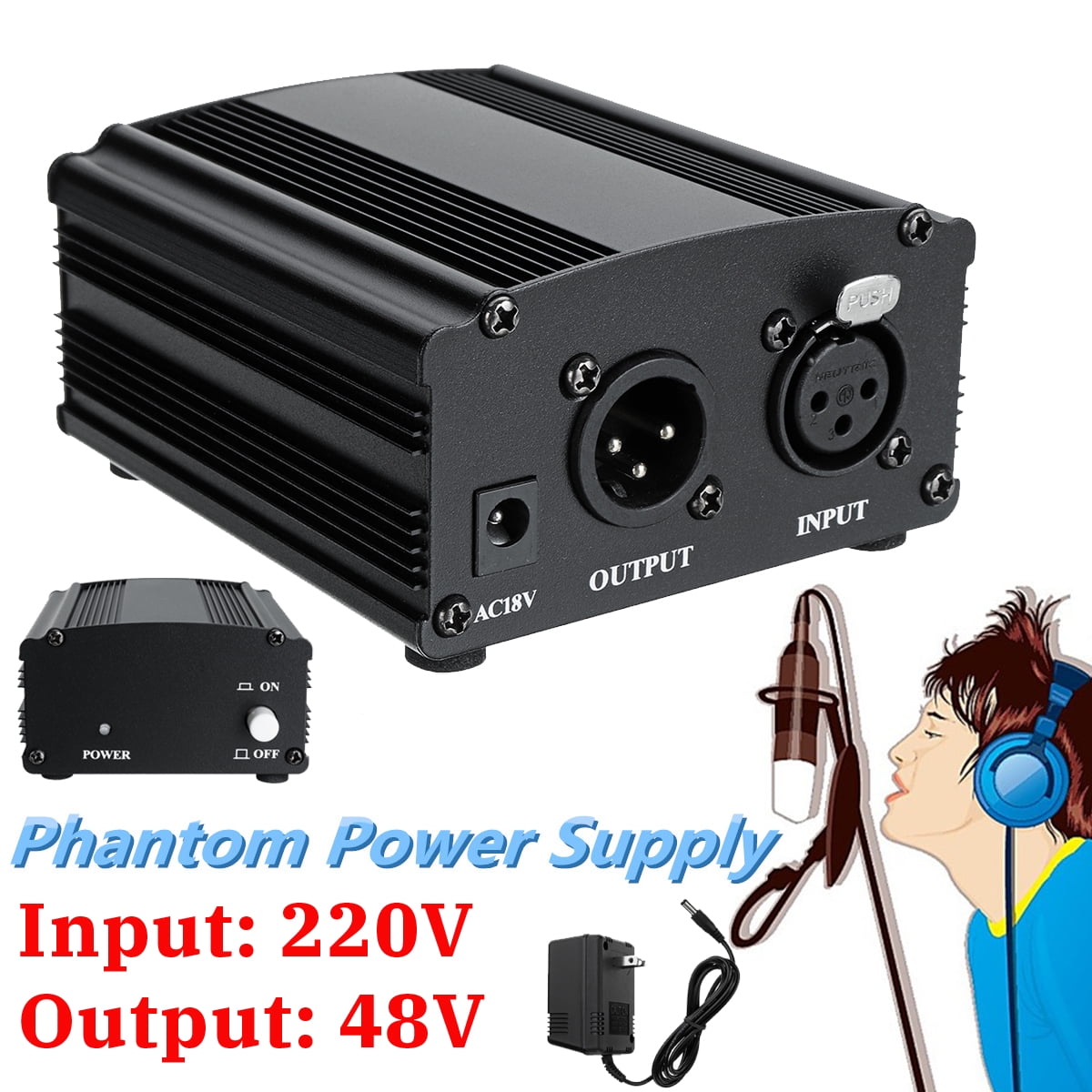 DC 48V Phantom Power Supply 220V + Adapter for Any Condenser Microphone ...