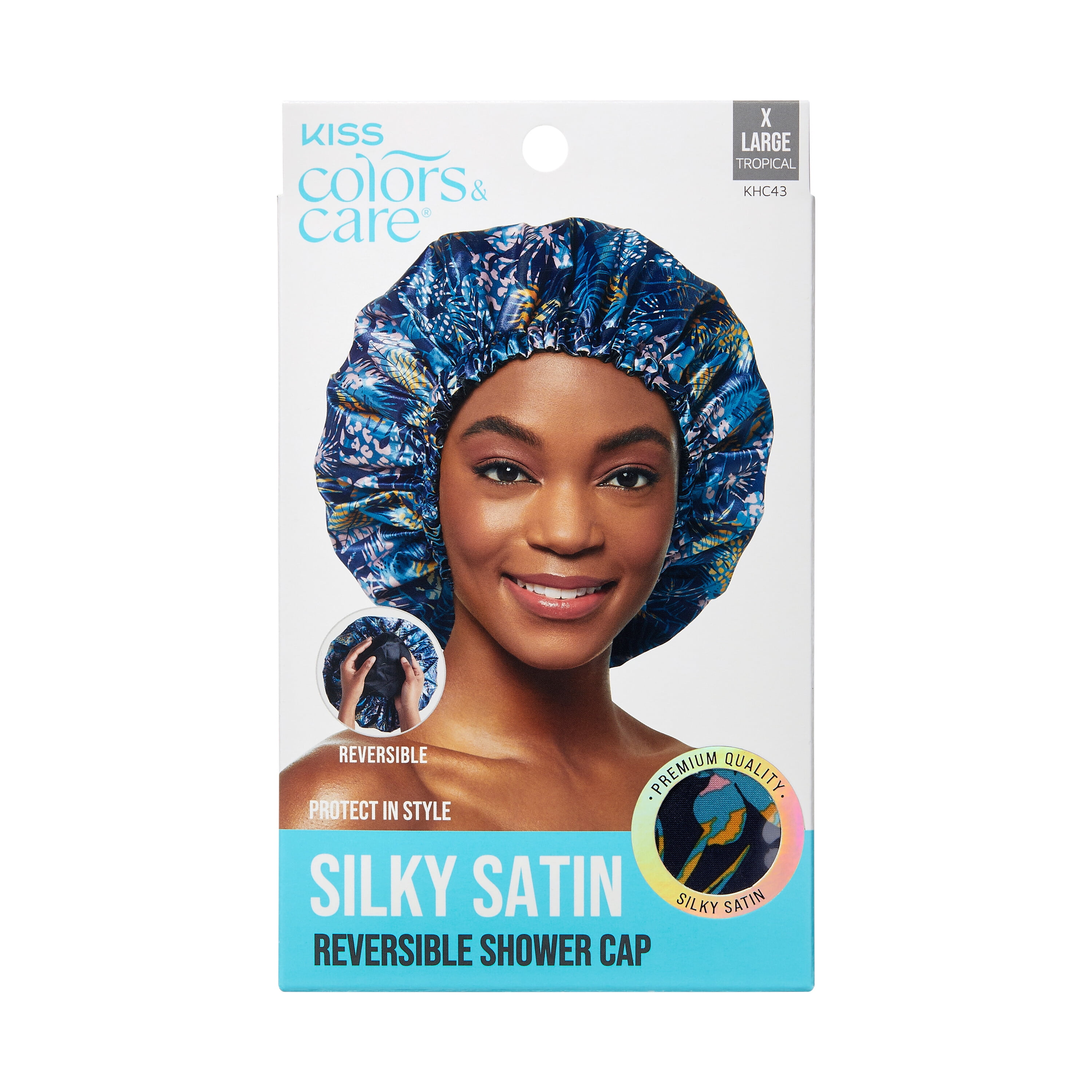 KISS Colors & Care Silky Satin Reversible Shower Cap, Tropical, X-Large ...