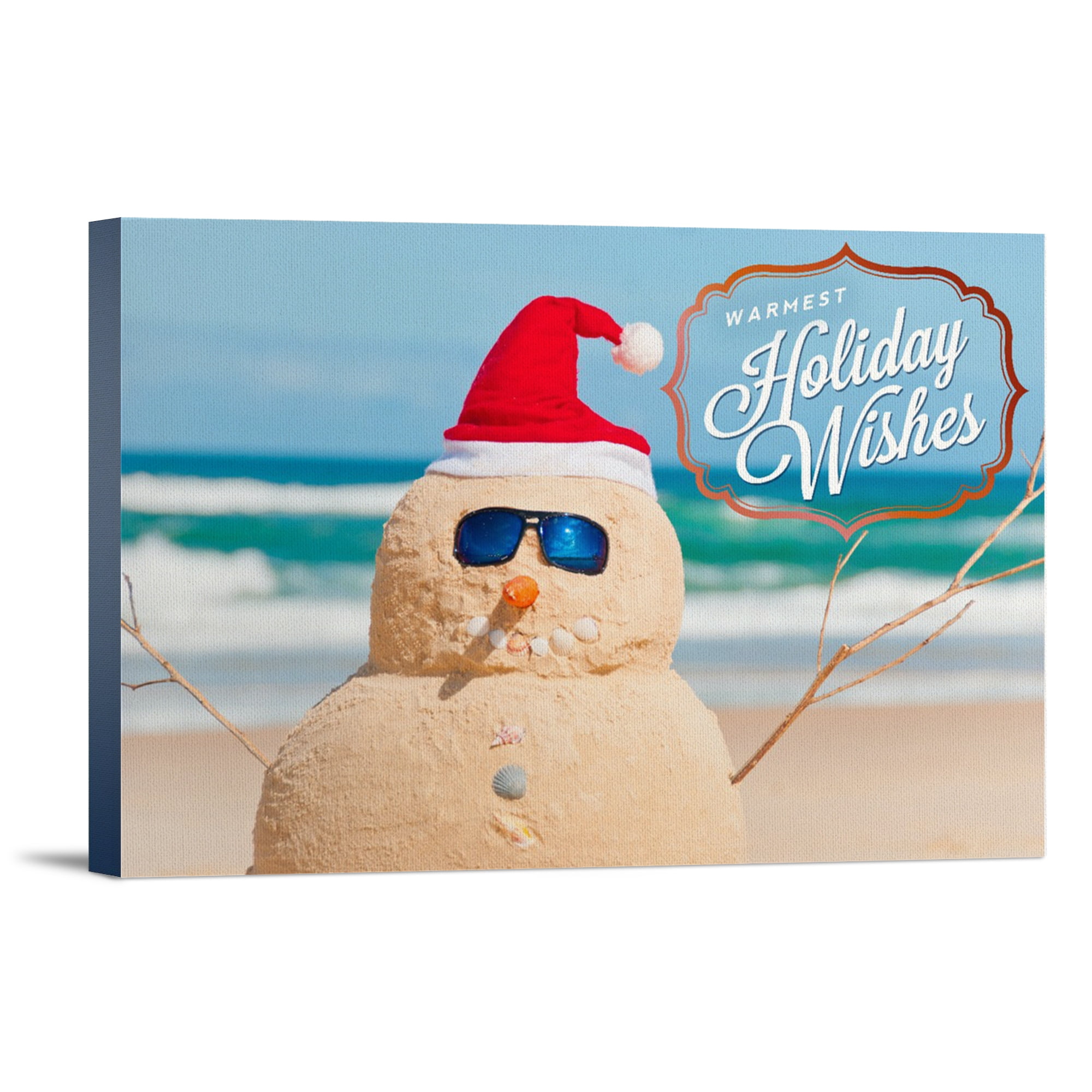 Warmest Holiday Wishes, Snowman on Beach, (12x18 Wrapped Canvas, Wall ...
