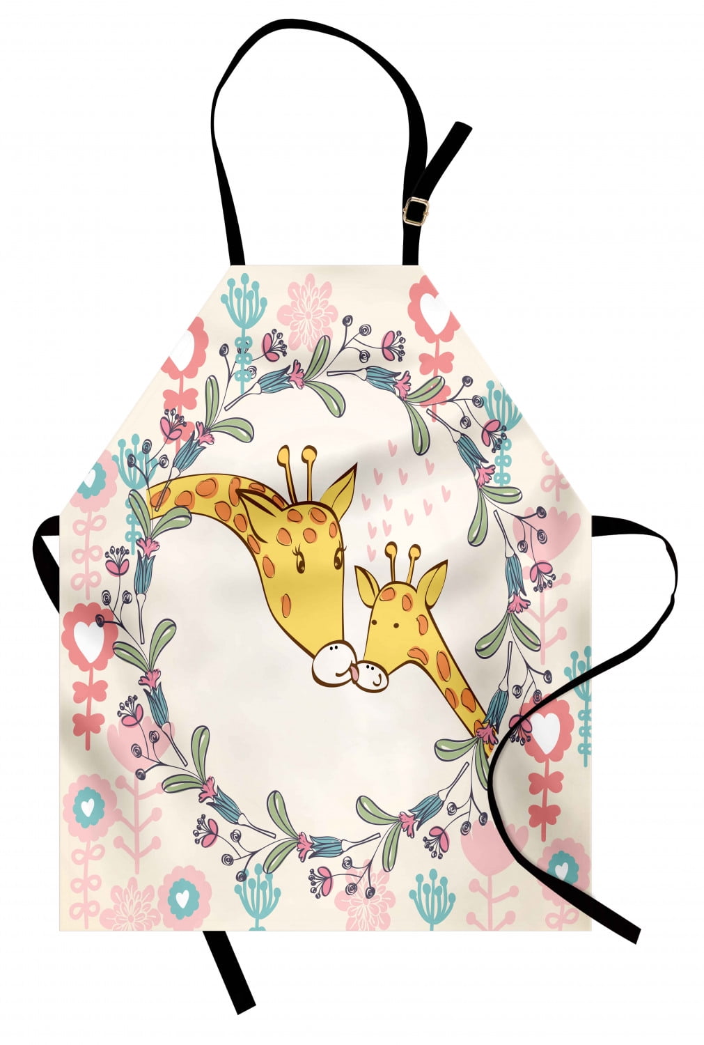 Giraffe Apron Cartoon Mom and Animal Figures Surrounded by Floral ...