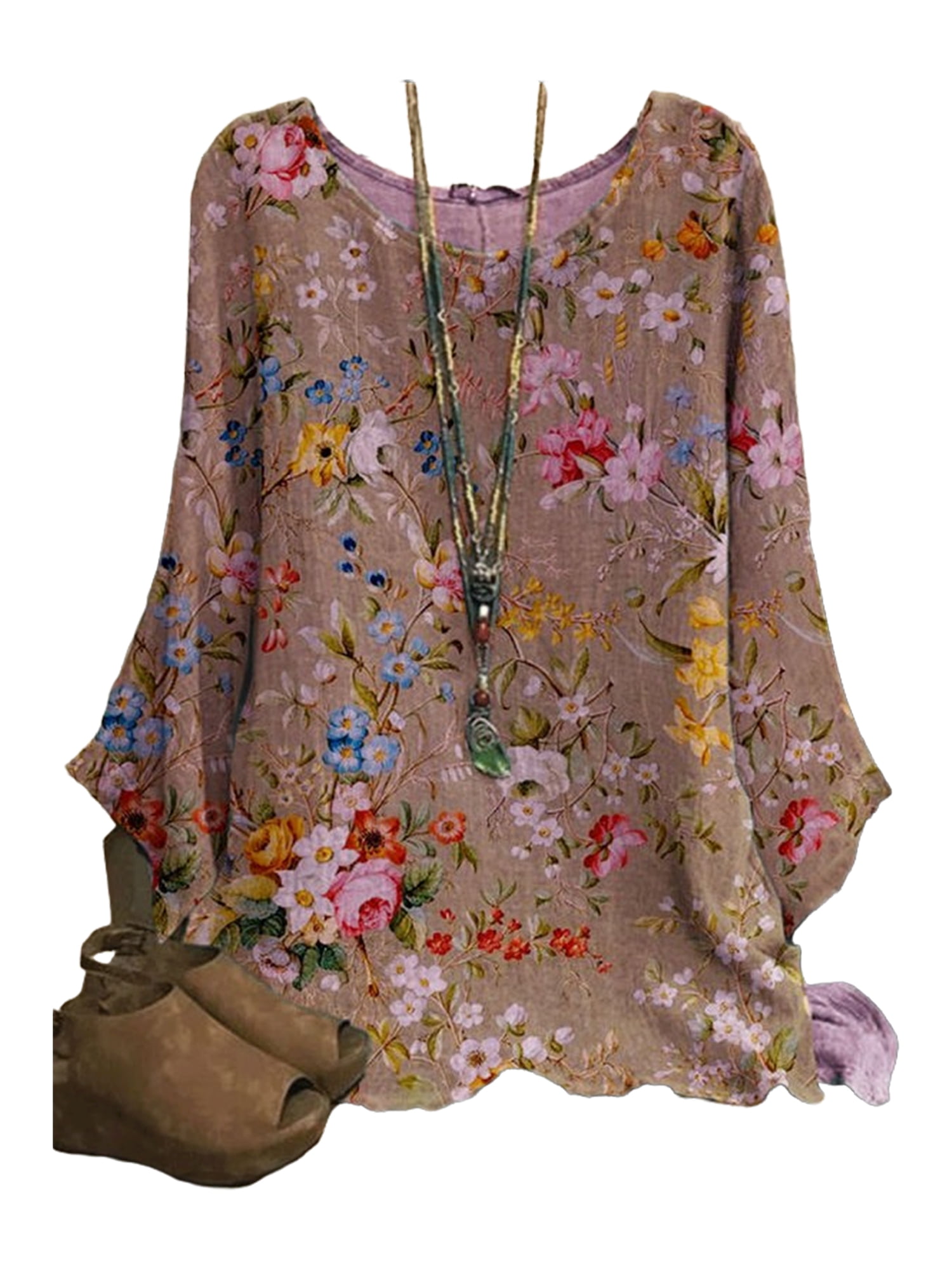 FASHIONWT Women Retro Printed Tee Casual 3/4 Sleeve Crewneck Classic ...