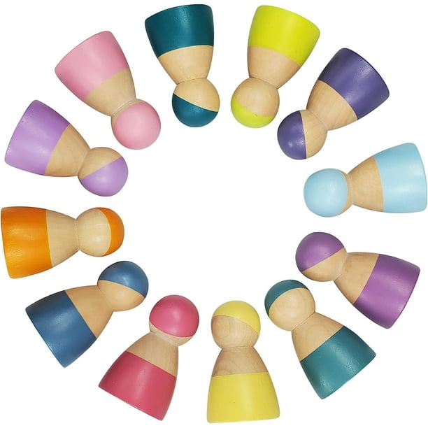TEKOR 12 Pcs Wooden Pastel Rainbow Peg Dolls Toy | Pretend Play Little ...