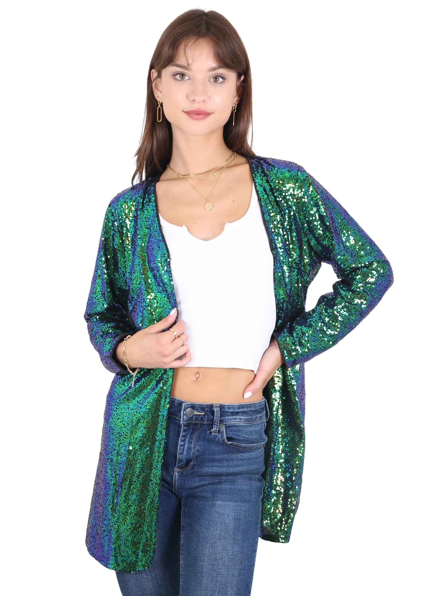 Women's Open Front Sequin Coat Las Vegas Blazer Party Club Cocktail ...