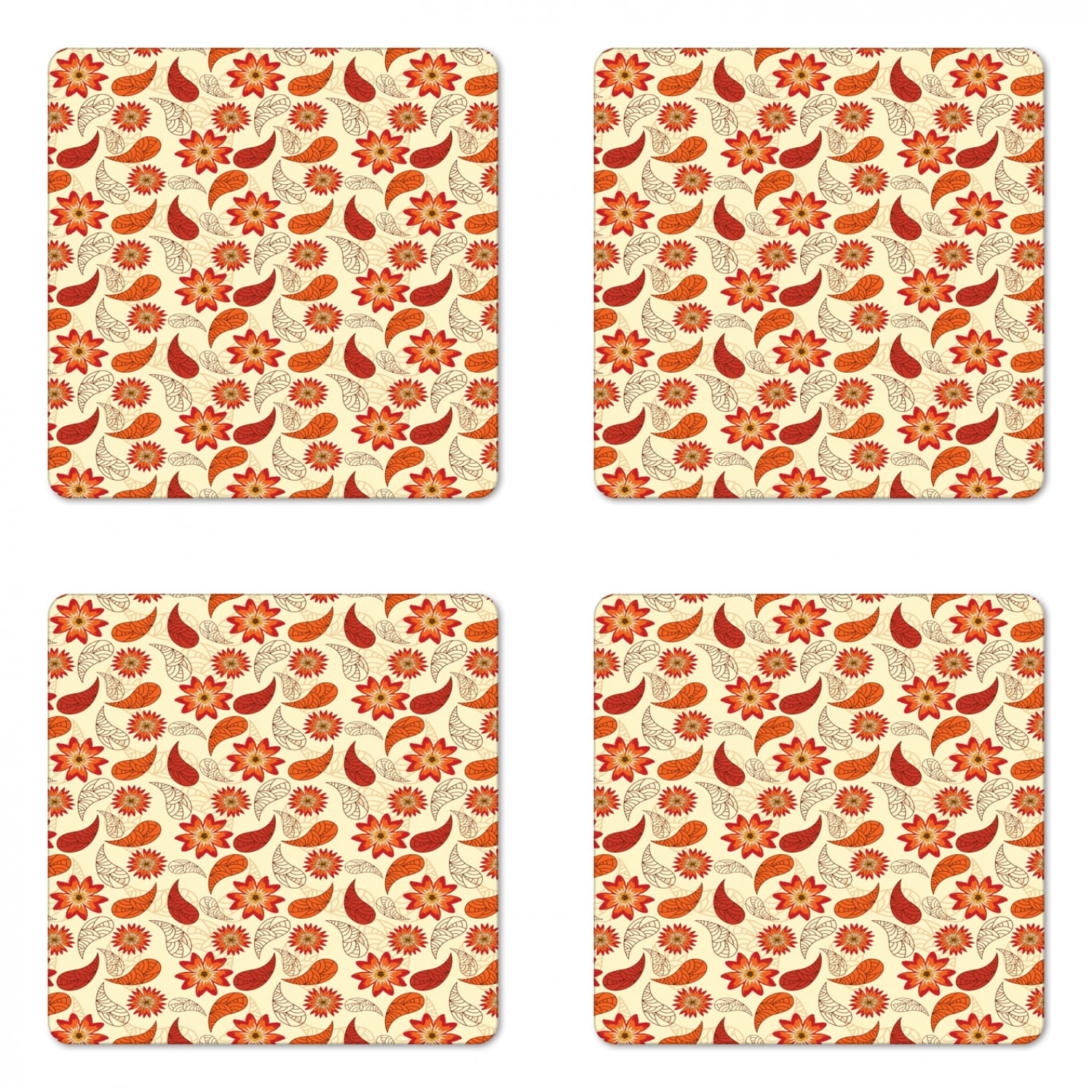 Orange Coaster Set of 4, Red Poppy Flowers in Retro Style and Leaves ...