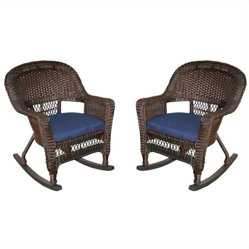 Jeco Rocker Wicker Chair in Espresso with Blue Cushion (Set of 2 ...
