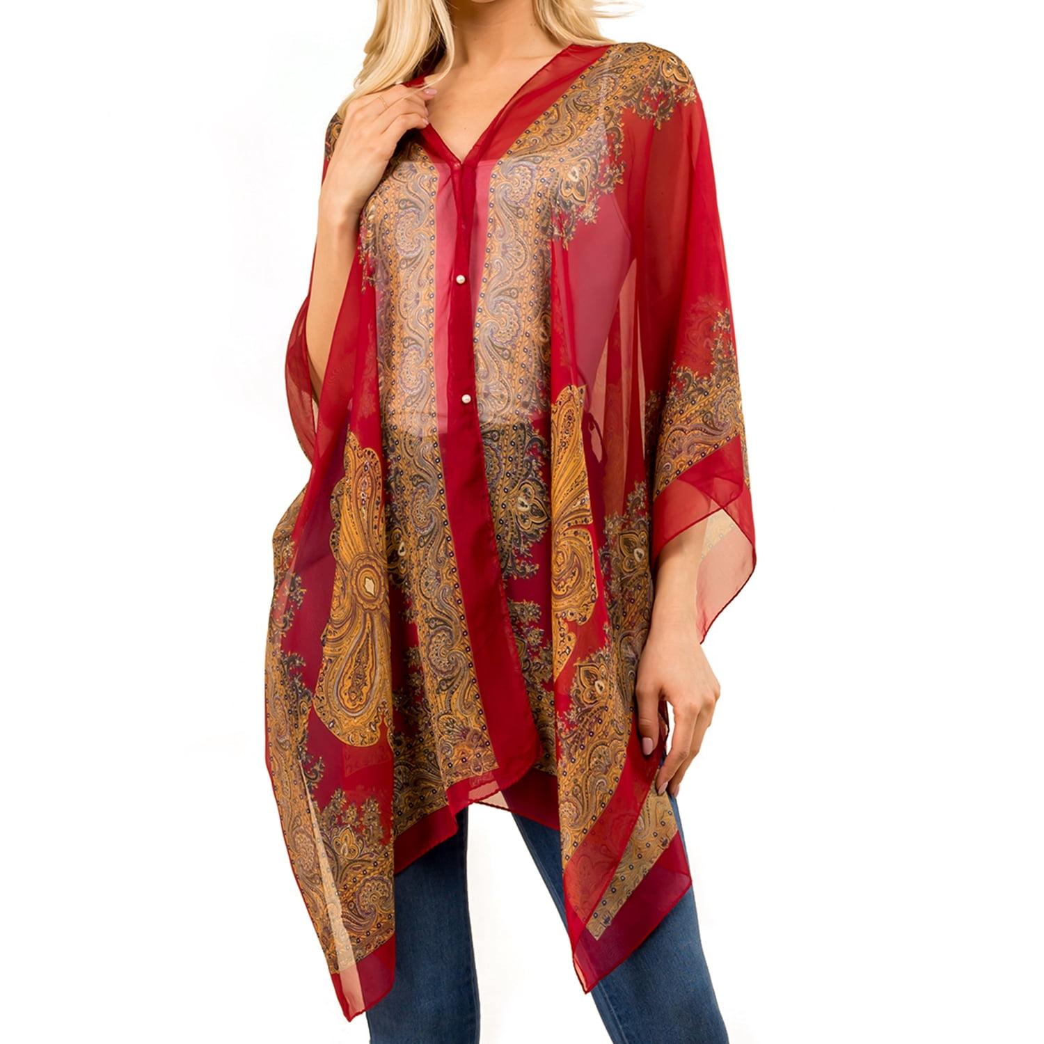 Chiffon Silk Feeling Sheer Poncho/Kimono Beach Cover-up Wearable Sun ...