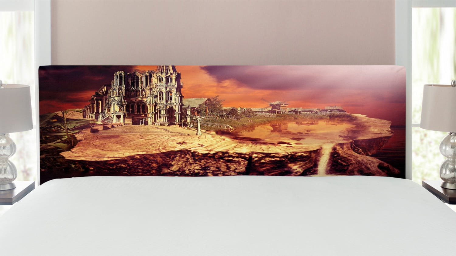 Gothic Headboard, Fantasy Castle and Village on Stump in the Water ...