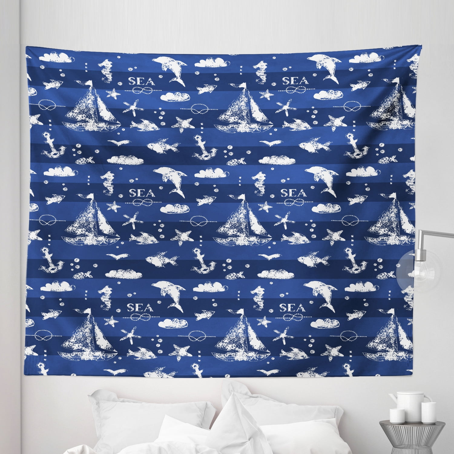 Navy Blue Tapestry, Sailboat Vertical Stripe Pattern Anchor Fishes ...