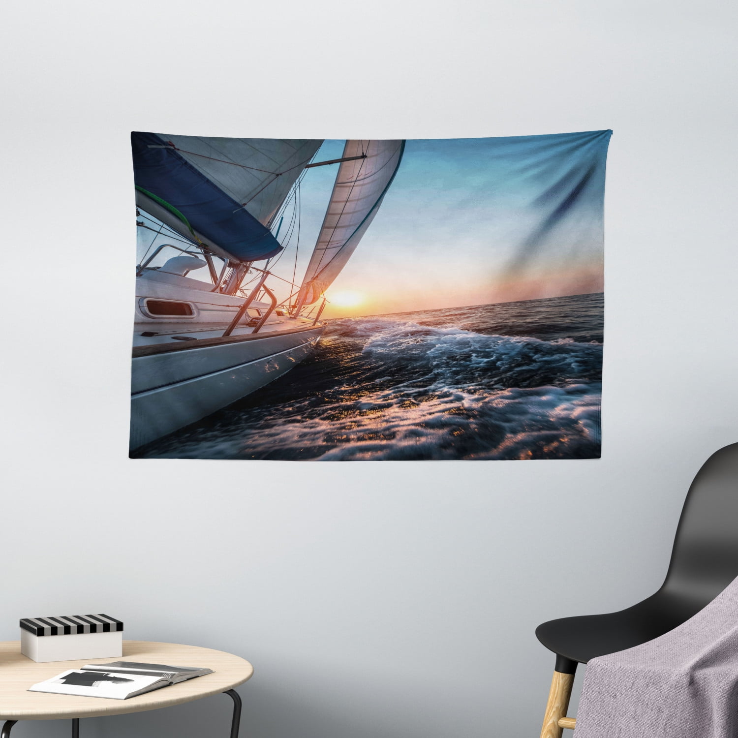 Nautical Tapestry, Sail Boat in the Sea Waves toward Sunset Marine ...
