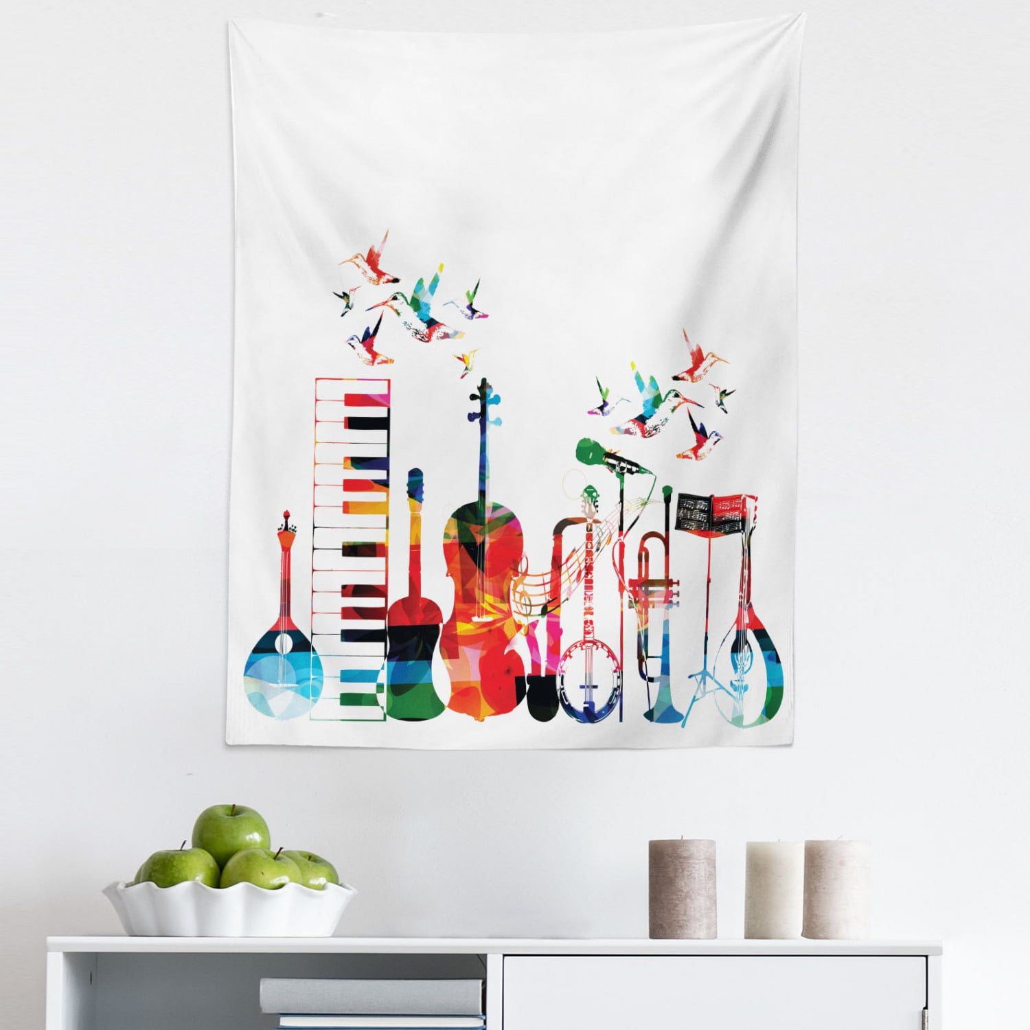Music Tapestry, Colorful Musical Instruments Keyboard Guitar Banjo ...