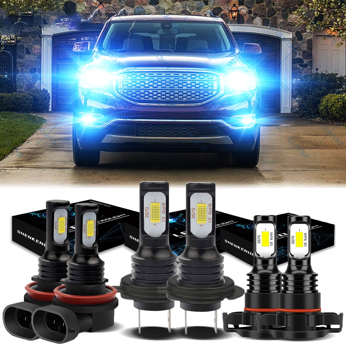 H7 Headlights for 2007-2012 GMC Acadia 8000K Ice Blue H7 H11 High/ Low ...