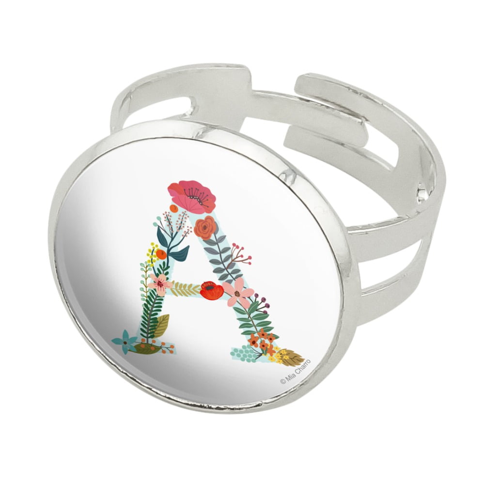 Letter A Floral Silver Plated Adjustable Novelty Ring - Walmart.com