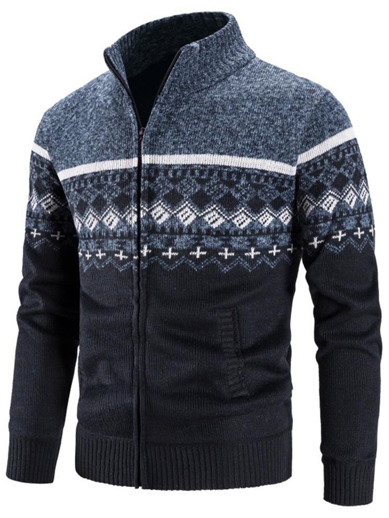 KAMAMEN Mens Sweater Jacket Stand Up Collar Knitted Coat Winter Warm ...