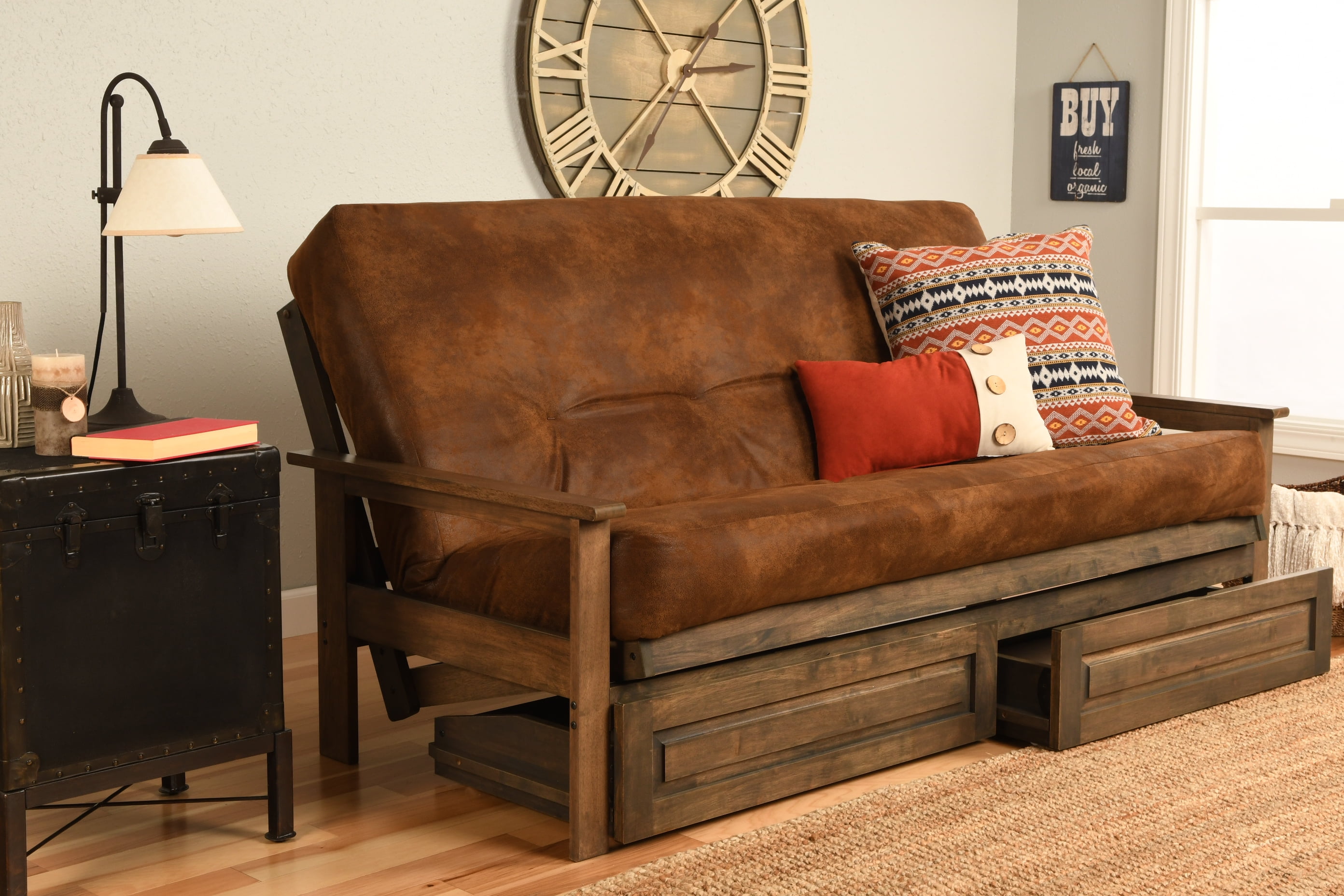 Albany Futon with storage in Rustic Walnut Finish, Multiple Colors ...