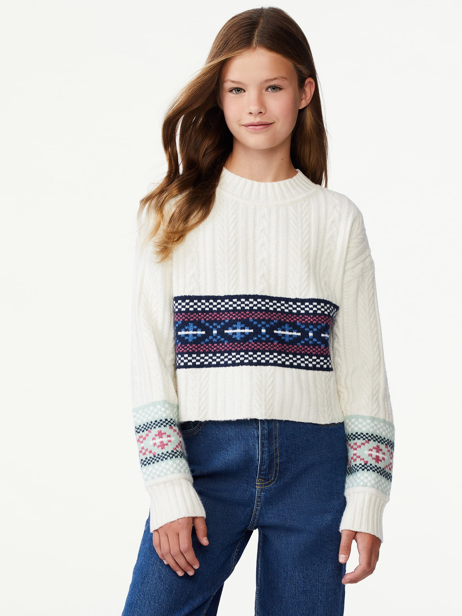 Free Assembly Girls Cropped Mixed Cable Knit Fair Isle Sweater, Sizes 4 ...