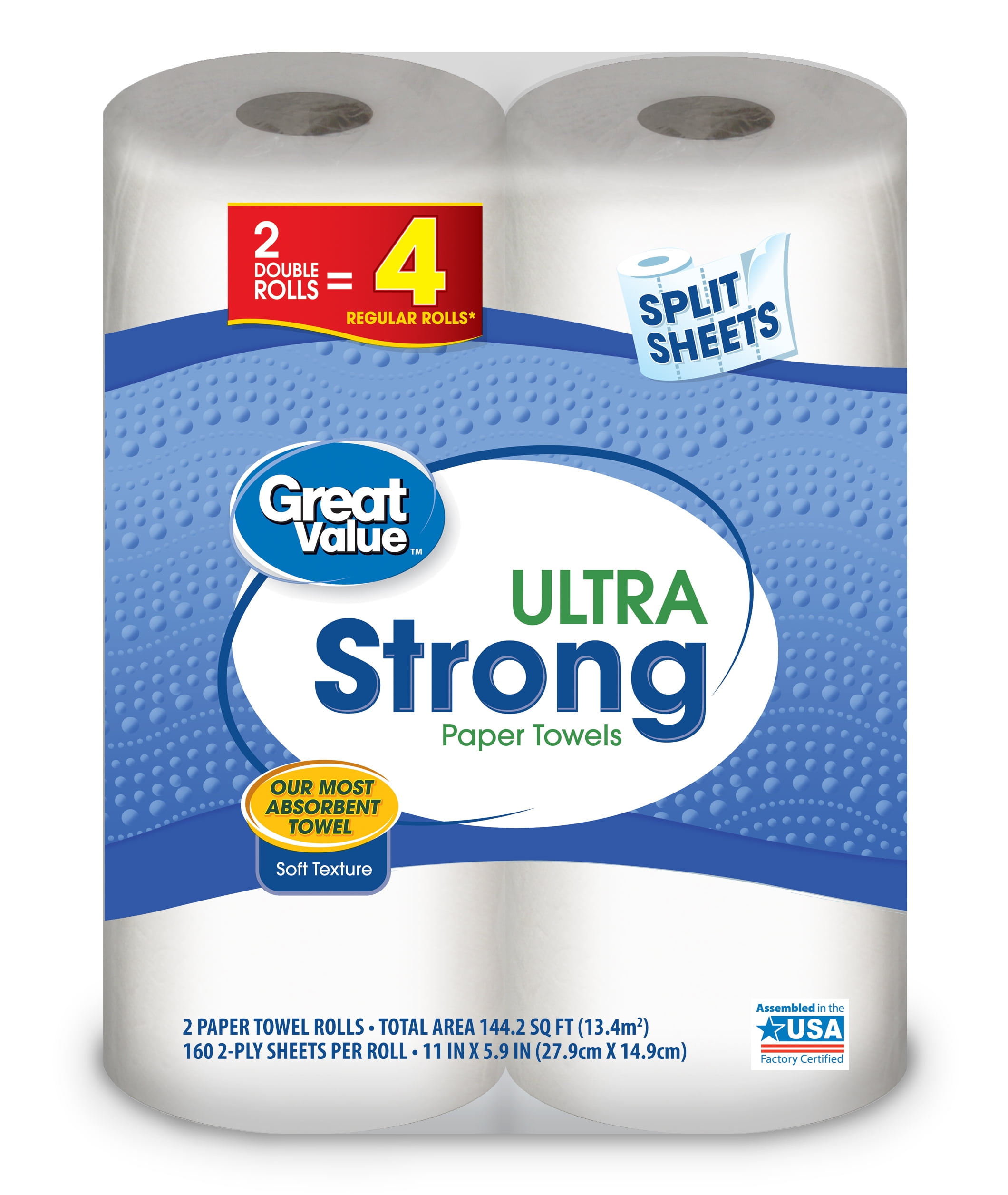 Great Value Ultra Strong Paper Towels, Split Sheet, 2 Double Rolls ...