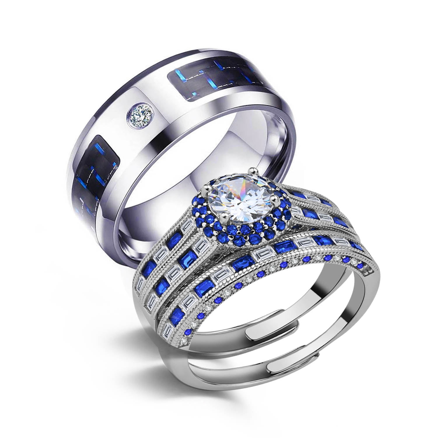 Adjustable size Wedding Ring Sets His And Hers Couples Women 925 ...