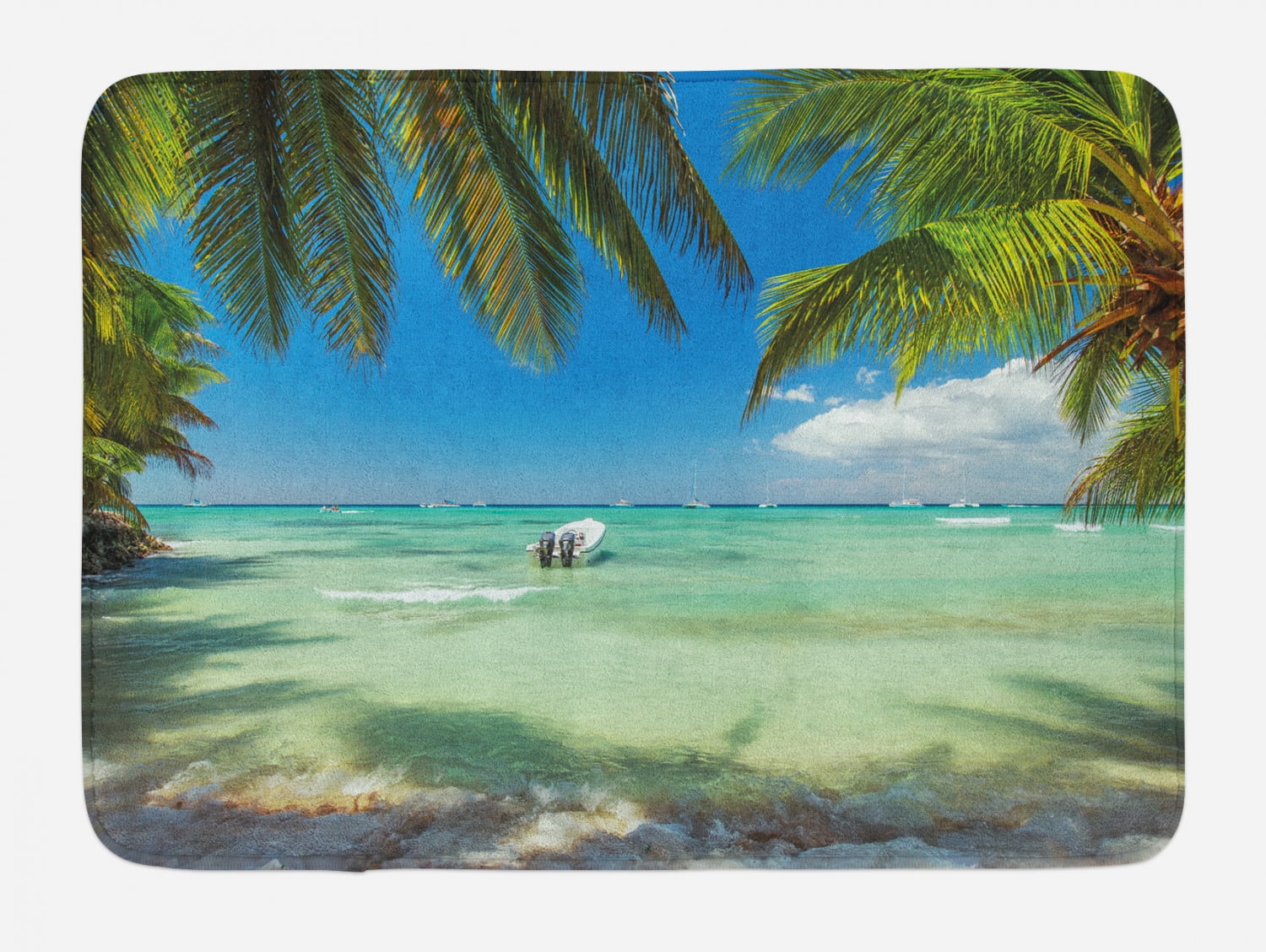 Tropical Bath Mat, Surreal Sea Surrounded by Palm Tree Leaves Scenic ...