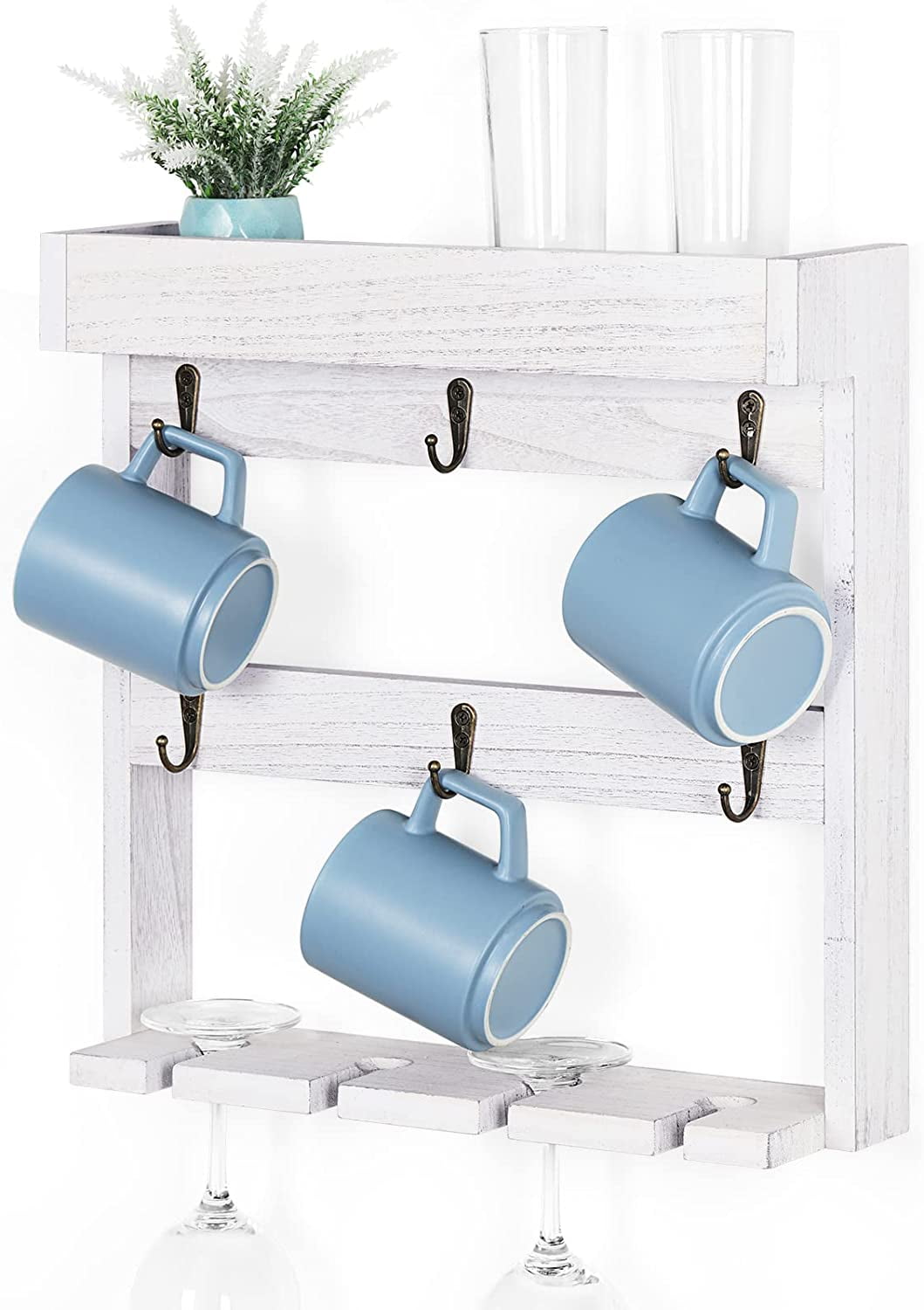 Wall Mounted Wine Glass and Coffee Mug Storage Rack Shelf with 6 Metal ...