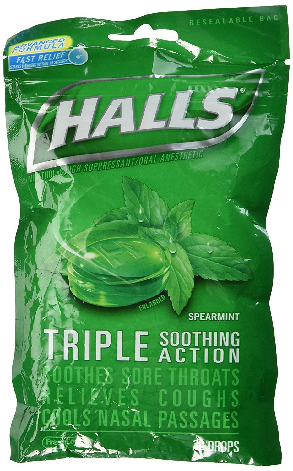 Halls, Triple Soothing Action Cough Suppressant Drops, Spearmint - 30 ...